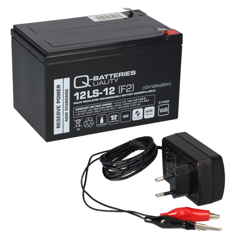 Bleiakku 12V 12Ah + Ladegerät 1A 15Ah AGM Bleigel QB
