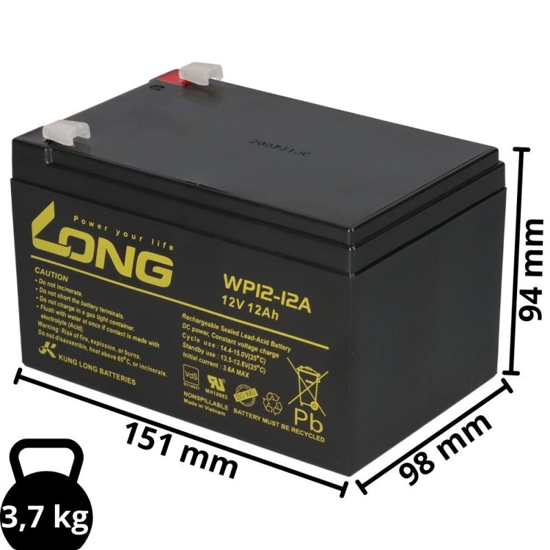 Kung Long 12V 12Ah Bleiakku AGM WP12-12A F2 VdS | Akkuman.de