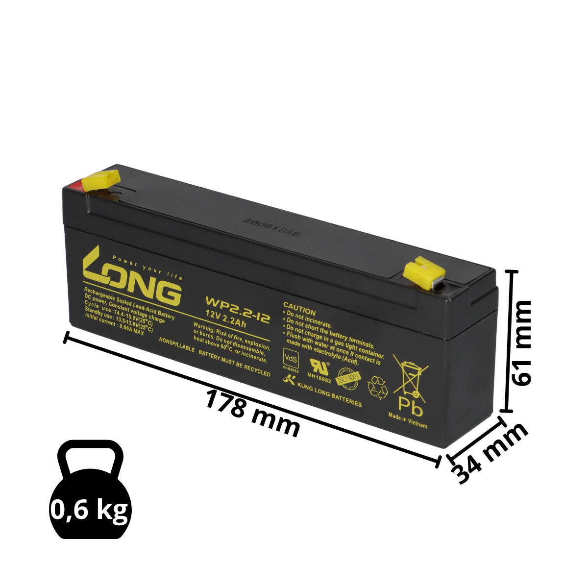 Bleiakku Kung Long WP2.2-12 12V 2,2Ah AGM wartungsfrei VdS
